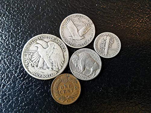 Old U.S. Silver Coins 5 Coin Collection Set - Indian Head Cent, Buffalo Nickel, Mercury Dime, Standing Liberty Quarter, Walking Liberty Half Dollar Various Mint Marks Fine and Better