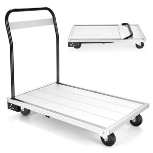 goplus folding aluminum platform cart, 770 lbs moving platform truck hand cart with 360 degree swivel wheels and non-slip platform surface, flatbed push cart dolly