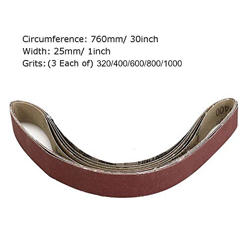 1 Inch x 30 Inch Sanding Belts, 3 Each of 320/400/600/800/1000 Fine Grits, Belt Sander Tool for Woodworking, Metal Polishing, 15 Pack Aluminum Oxide Sanding Belt