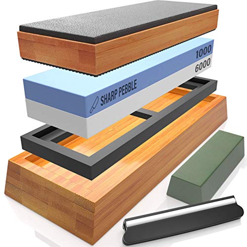 Sharp Pebble Complete Sharpening Stone Set- Dual Grit Whetstone 1000/6000 - Bamboo Leather Strop - Waterstone Knife Sharpener with Non Slip Bamboo Base, Angle Guide & Green Polishing/Honing Compound