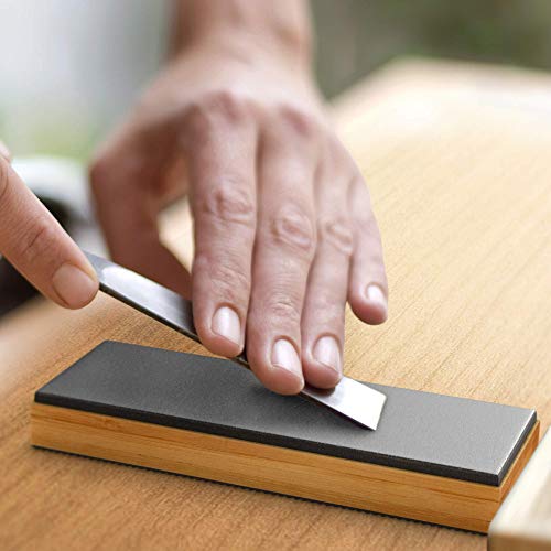 Sharp Pebble Complete Sharpening Stone Set- Dual Grit Whetstone 1000/6000 - Bamboo Leather Strop - Waterstone Knife Sharpener with Non Slip Bamboo Base, Angle Guide & Green Polishing/Honing Compound