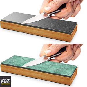 Sharp Pebble Complete Sharpening Stone Set- Dual Grit Whetstone 1000/6000 - Bamboo Leather Strop - Waterstone Knife Sharpener with Non Slip Bamboo Base, Angle Guide & Green Polishing/Honing Compound