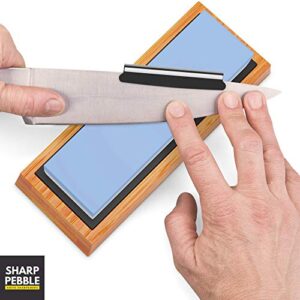 Sharp Pebble Complete Sharpening Stone Set- Dual Grit Whetstone 1000/6000 - Bamboo Leather Strop - Waterstone Knife Sharpener with Non Slip Bamboo Base, Angle Guide & Green Polishing/Honing Compound