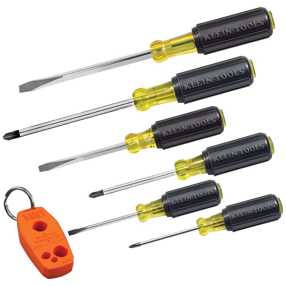 Klein Tools 85146 Screwdriver Set with Magnetizer / Demagnetizer for Magnetic Tips 3 Slotted, 3 Phillips, Non-Slip Cushion Grip, 6-Piece