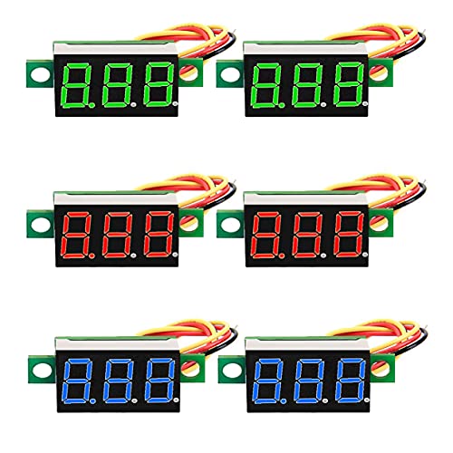 DaFuRui dc Voltage Display，6pcs Mini Digital Voltmeter 0.36 Inch Three-Wire DC 0-100V Voltage Tester Reverse Polarity Protection and Accurate Pressure Measurement（Red/Green/Blue）