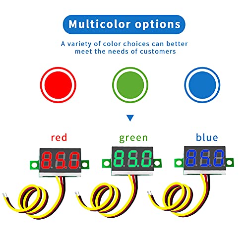 DaFuRui dc Voltage Display，6pcs Mini Digital Voltmeter 0.36 Inch Three-Wire DC 0-100V Voltage Tester Reverse Polarity Protection and Accurate Pressure Measurement（Red/Green/Blue）