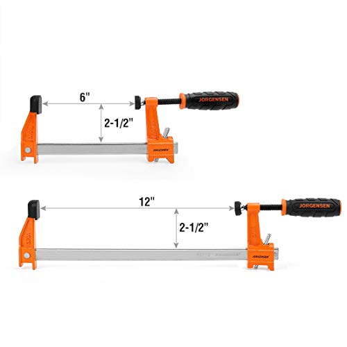 JORGENSEN 4-pack Steel Bar Clamps Set, 6-inch (2) & 12-inch (2) Medium Duty F-Clamp, 600 Lbs Load Limit, for Woodworking