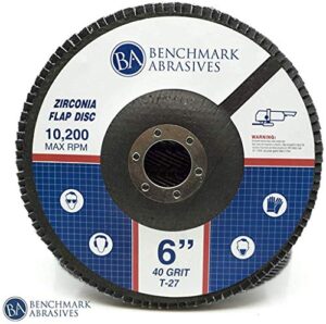 benchmark abrasives 6" x 7/8" premium high-density jumbo zirconia type 27 flap discs for sanding, stock and rust removal, finishing, grinding, deburring (10 pack) - 40 grit