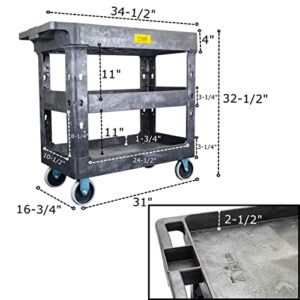 550lb Capacity Heavy Duty Plastic Utility Cart 34-1/2" L x 16-3/4" W with Handle 3 Shelves Pake Handling Tools