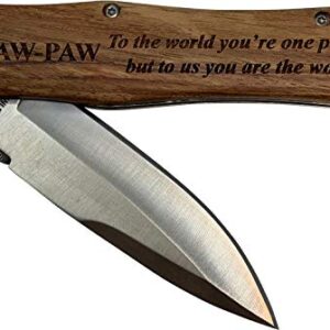 PawPaw - to the world you're one person but to us you are the world Stainless Steel Folding Pocket Knife with Clip, Wood