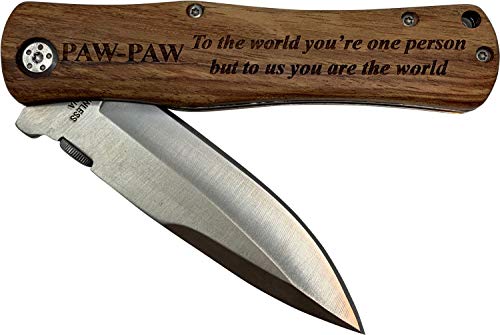 PawPaw - to the world you're one person but to us you are the world Stainless Steel Folding Pocket Knife with Clip, Wood