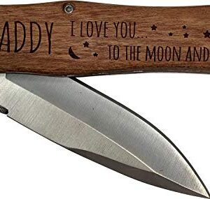 Daddy - I Love You to The Moon and Back Stainless Steel Folding Pocket Knife with Clip, Wood