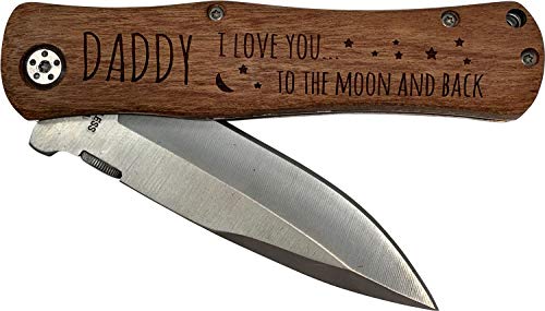 Daddy - I Love You to The Moon and Back Stainless Steel Folding Pocket Knife with Clip, Wood