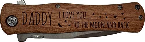 Daddy - I Love You to The Moon and Back Stainless Steel Folding Pocket Knife with Clip, Wood