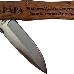 Papa - to the world you're one person but to us you are the world Stainless Steel Folding Pocket Knife with Clip, Wood