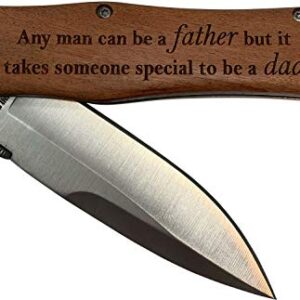 Any Man can be a Father but it Takes Someone Special to be a dad Stainless Steel Folding Pocket Knife with Clip, Wood