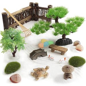 cocoro diy desktop zen garden for desk and office accessories includes zen garden sand, rocks, rake, moss stones, fishes, lantern, bridge, bench, baby pine tree, pine tree, and turtle