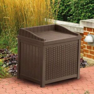 stylish resin small storage seat deck box, large 22-gallon storage capacity, contemporary wicker design, long lasting resin construction, combines seating and storage solutions, brown finish