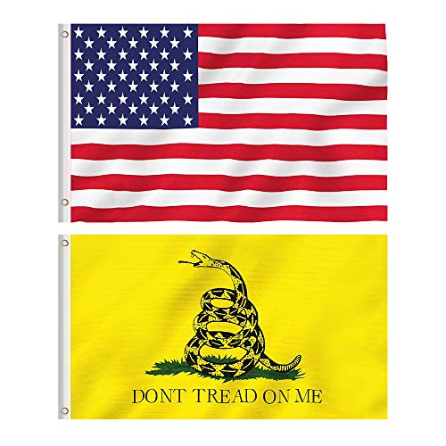 American USA Flag and Gadsden Don't Tread On Me Flag, 2 Polyester Flags, 3 x 5FT, Bright Colors And UV Fading Resistance, Double Stitched And Flags With Brass Grommets