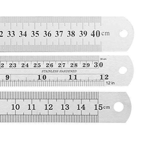 uxcell Straight Ruler 150mm 6 Inch 300mm 12 Inch 400mm 16 Inch Metric Stainless Steel Measuring Ruler Tool with Hanging Hole Inch & Centimeters Precision Drawing Ruler 1 Set