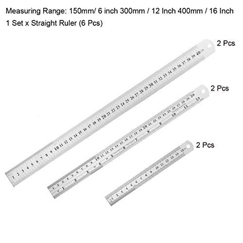 uxcell Straight Ruler 150mm 6 Inch 300mm 12 Inch 400mm 16 Inch Metric Stainless Steel Measuring Ruler Tool with Hanging Hole Inch & Centimeters Precision Drawing Ruler 1 Set