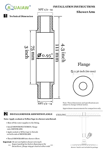 Aquaiaw Shower Arm and O-Ring Flange, 3 inch, Solid Brass, Round, Both Soldered 1/2 NPT Tapered Threads, Straight Shower Arm Extension, Ceiling Shower Head Arm for Rainfall Shower (PVD Brushed Nickel)