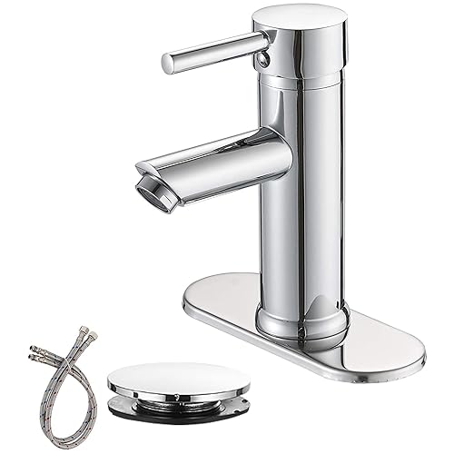 Greenspring Bathroom Sink Faucet Chrome Commercial Single Handle One Hole Deck Mount Brass Lavatory Faucet with Cover Plate, Pop Up Drain with Overflow Included