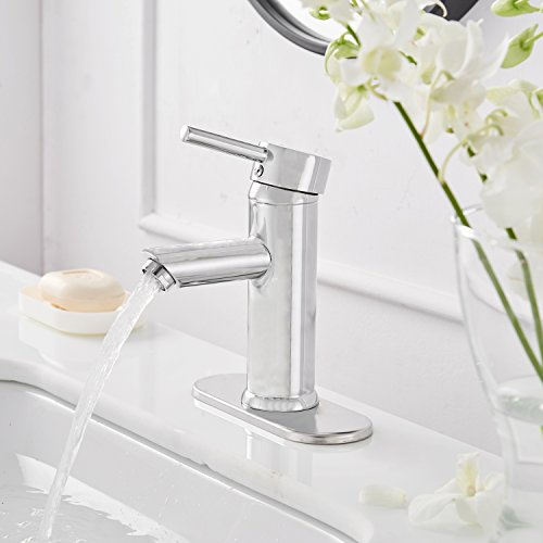 Greenspring Bathroom Sink Faucet Chrome Commercial Single Handle One Hole Deck Mount Brass Lavatory Faucet with Cover Plate, Pop Up Drain with Overflow Included