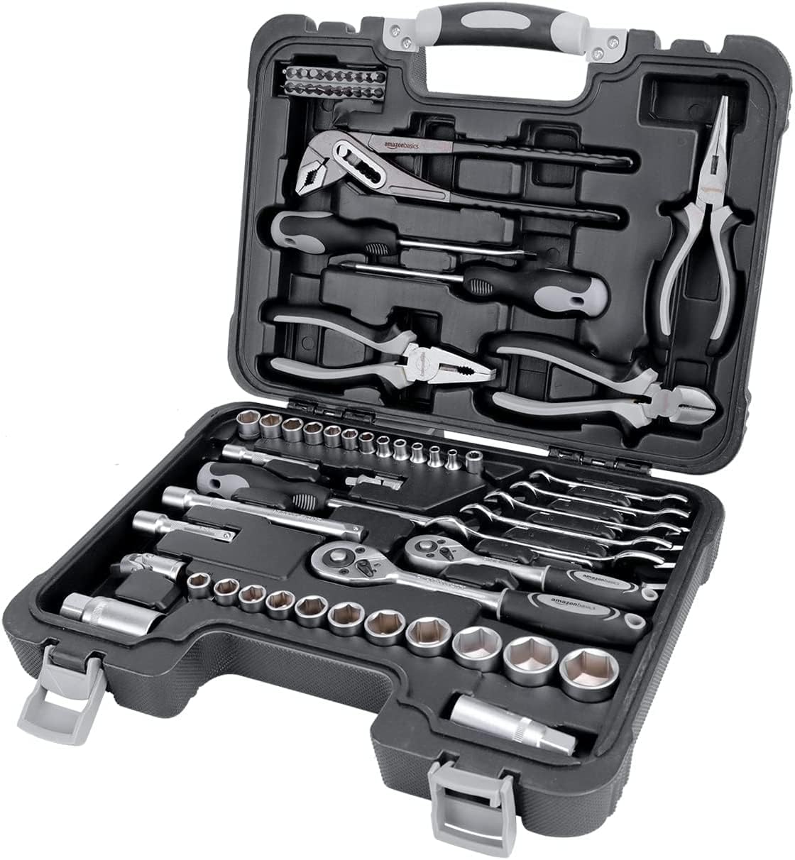 Amazon Basics 65-Piece General Household Home Repair and Mechanic's Hand Tool Kit Set, Black