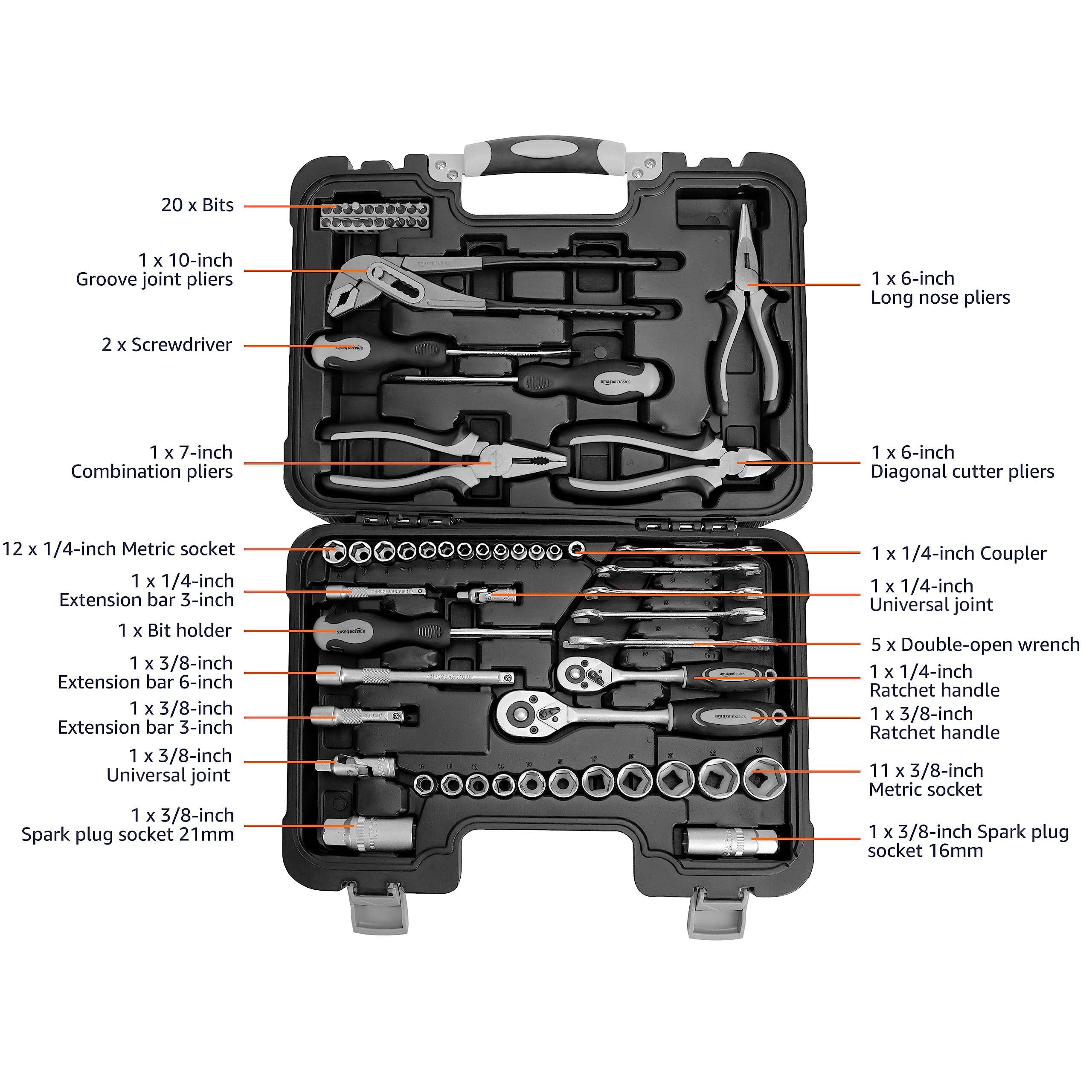 Amazon Basics 65-Piece General Household Home Repair and Mechanic's Hand Tool Kit Set, Black