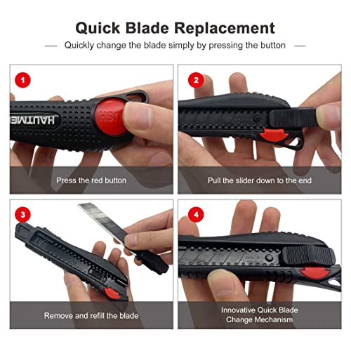 HAUTMEC 18mm Utility Knife Box Cutter with Safety Quick Change Button, Snap off Black SK2 Ultra Sharp Blade, Anti-Slip Ergonomic Rubber Handle for Leather, Rubber, Cartons, Boxes HT0081-KN