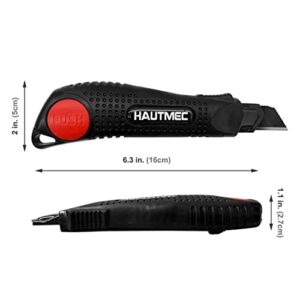 HAUTMEC 18mm Utility Knife Box Cutter with Safety Quick Change Button, Snap off Black SK2 Ultra Sharp Blade, Anti-Slip Ergonomic Rubber Handle for Leather, Rubber, Cartons, Boxes HT0081-KN