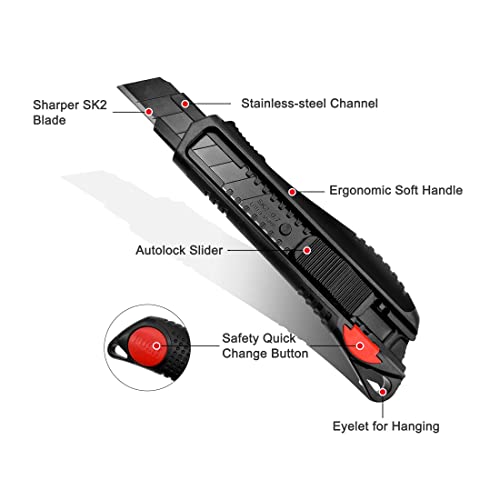 HAUTMEC 18mm Utility Knife Box Cutter with Safety Quick Change Button, Snap off Black SK2 Ultra Sharp Blade, Anti-Slip Ergonomic Rubber Handle for Leather, Rubber, Cartons, Boxes HT0081-KN