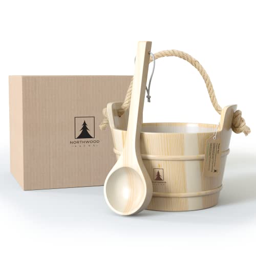 Northwood Sauna Bucket and Ladle Set - Handmade from Finnish Pine Wood - Plastic Liner and Rope Handle