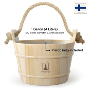 Northwood Sauna Bucket and Ladle Set - Handmade from Finnish Pine Wood - Plastic Liner and Rope Handle