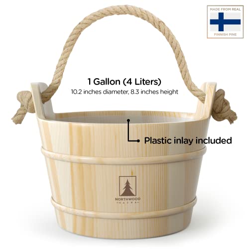 Northwood Sauna Bucket and Ladle Set - Handmade from Finnish Pine Wood - Plastic Liner and Rope Handle