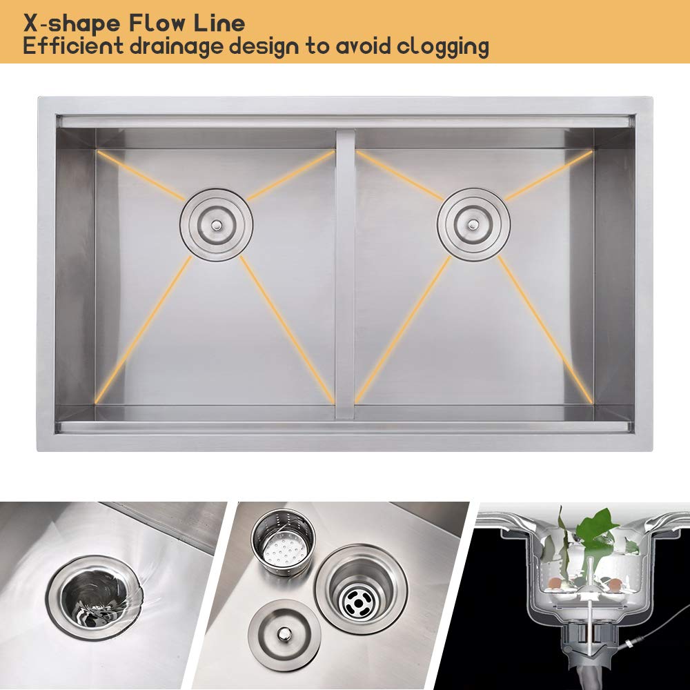 33 Inch Double Bowl Undermount Kitchen Sink Workstation-Bokaiya 33x19 Stainless Steel Undermount Double Bowl Kitchen Sink 16 Gauge Deep 50/50 Low Divide Undermount Sink