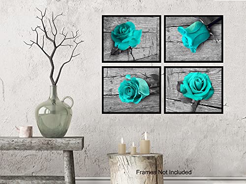 Light Blue Turquoise Floral Flowers Rose Wall Art Set, Home Decor - Poster, Print - Mothers Day, Anniversary Gift for Women - Shabby Chic, Rustic, Farmhouse Room Decorations for Living Room, Bedroom