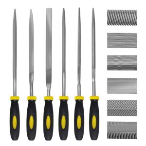 kapoua hand metal needle file set, 6 pieces hardened alloy strength steel set includes flat, flat warding, square, triangular, round, and half-round file