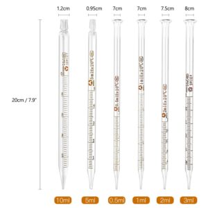 HOAOH 6 Pieces Glass Pipettes 10ml 5ml 3ml 2ml 1ml 0.5ml Glass Graduated Dropper Pipette for School, Students, Transfer for Liquid Essential Oil