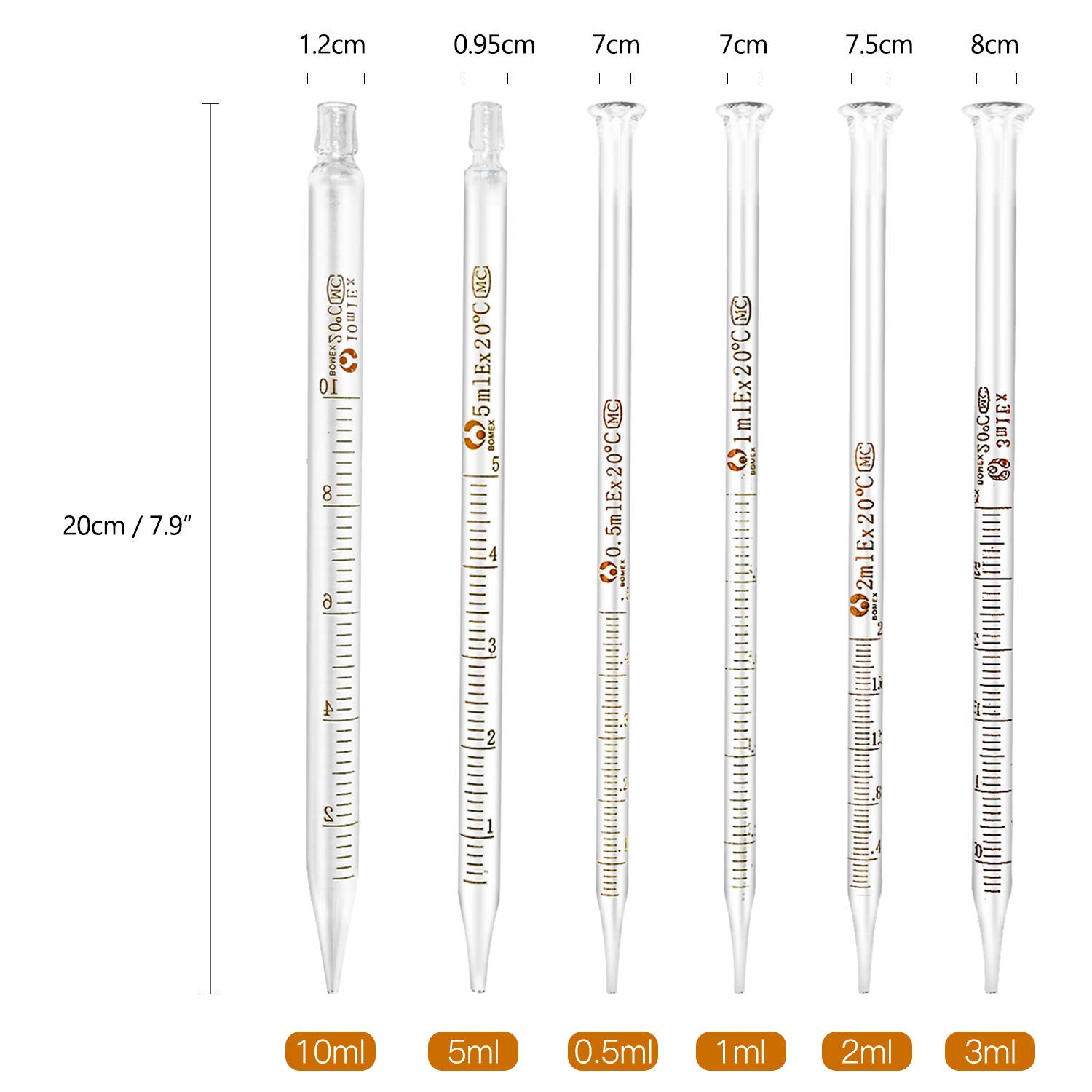 HOAOH 6 Pieces Glass Pipettes 10ml 5ml 3ml 2ml 1ml 0.5ml Glass Graduated Dropper Pipette for School, Students, Transfer for Liquid Essential Oil