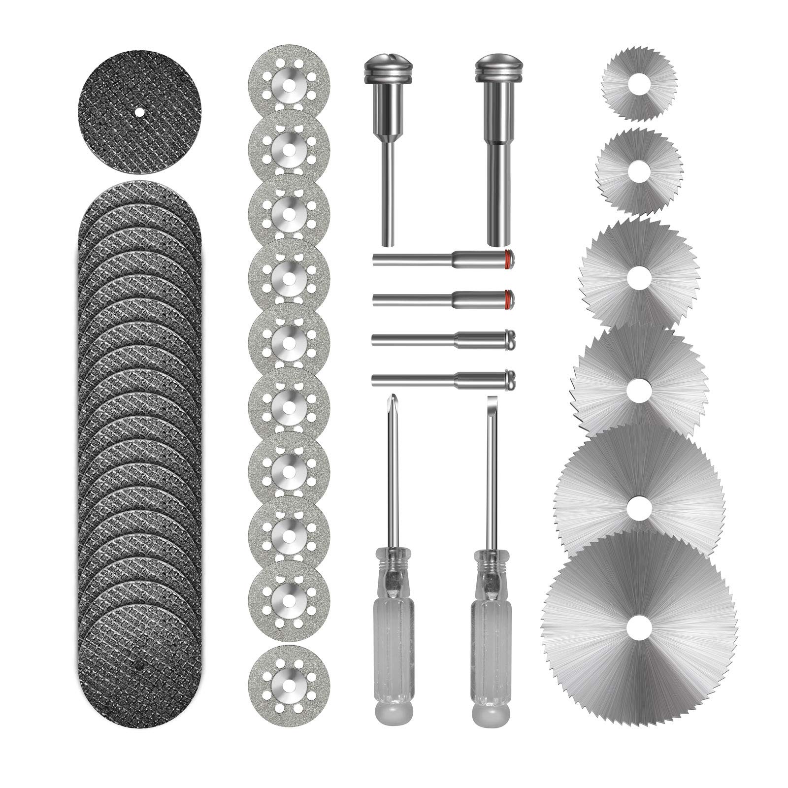 Kuenuilr Cutting Wheel Set Compatible with Plastic 36pcs for Rotary Tool, HSS Circular Saw Blades 6pcs, Resin Cutting Discs 20pcs, 545 Diamond Cutting Wheels 10psc with 2 Screwdrivers