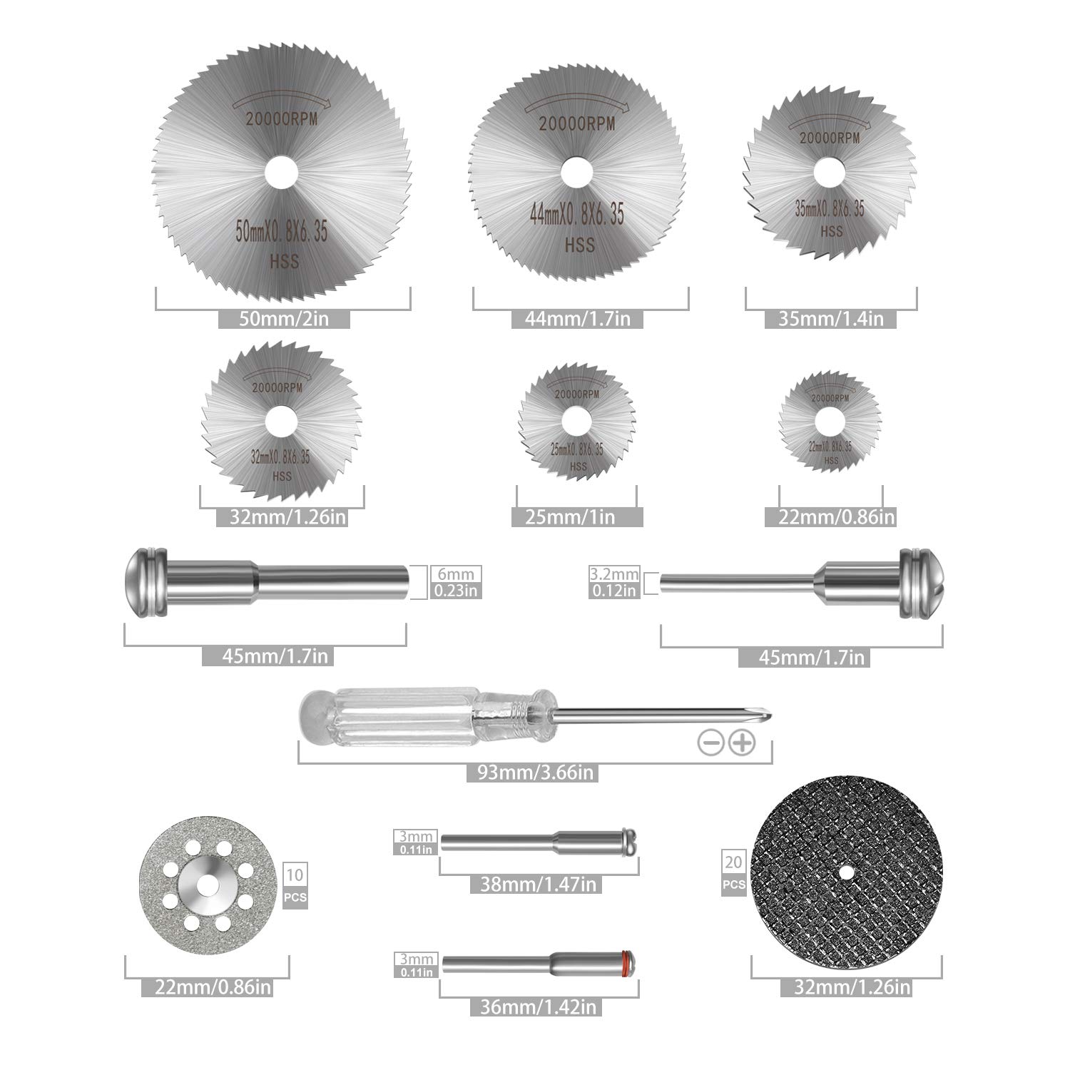 Kuenuilr Cutting Wheel Set Compatible with Plastic 36pcs for Rotary Tool, HSS Circular Saw Blades 6pcs, Resin Cutting Discs 20pcs, 545 Diamond Cutting Wheels 10psc with 2 Screwdrivers