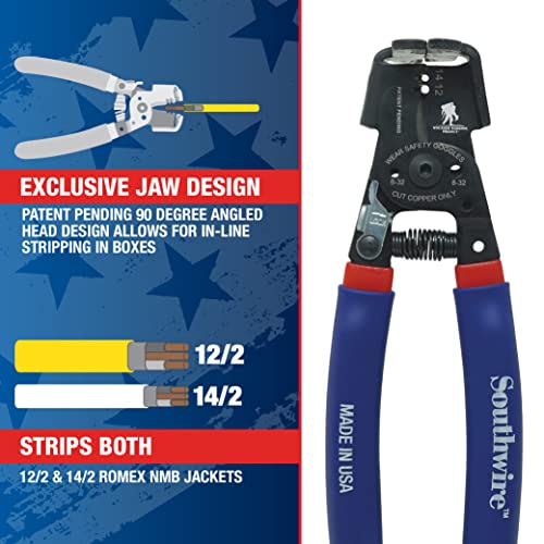 Southwire - 65172140 SNM1214HH-US ROMEX BOXJaw Wire Stripper, Dual Wire Cutter Strips both 12/2 & 14/2 Romex NMB JACKETS and 12 and 14 AWG Solid Wire