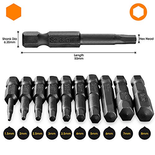 10PCS Hex Head Allen Wrench Drill Bit Set, VAKOGAL S2 Steel Hex Head Screwdriver Bit Set, with Magnetic, 1.5-8mm Metric, 1/4 Inch Hex Shank, 2 Inch Length, for Hand Held Wrench and Electric Drills