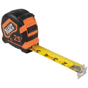 klein tools 9225 tape measure, heavy-duty measuring tape with 25-foot double-hook double-sided nylon reinforced blade, with metal belt clip