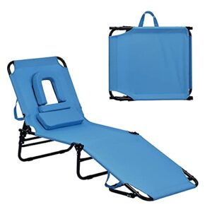 gymax beach lounge chair, sunbathing chair patio lounge chair folding adjustable recliner with hole for face