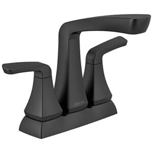 delta faucet vesna matte black bathroom faucet, centerset bathroom faucet, drain assembly, worry-free drain catch, matte black 25789lf-bl