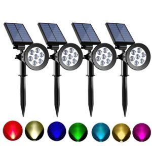 sunklly solar spot lights outdoor color changing, 8 lighting modes 2-in-1 solar lights outdoor waterproof, auto on/off multicolor solar powered landscape spotlights for garden patio yard pool, 4 pack