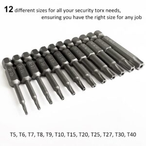 Torx Screwdriver Bit Set, PTSLKHN S2 Steel Magnetic Security Tamper Proof Star 6 Point Screw Driver Kit Tools, 12PCS 1/4" Hex Shank T5-T40 50mm Length, Perfect for IKEA Type Furniture